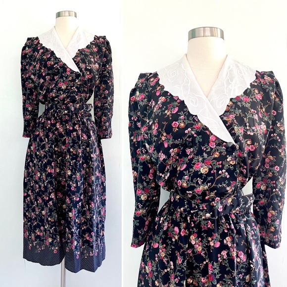 Vintage | Dresses | Vintage 8s Black Pink Flower White Collar Secretary ...